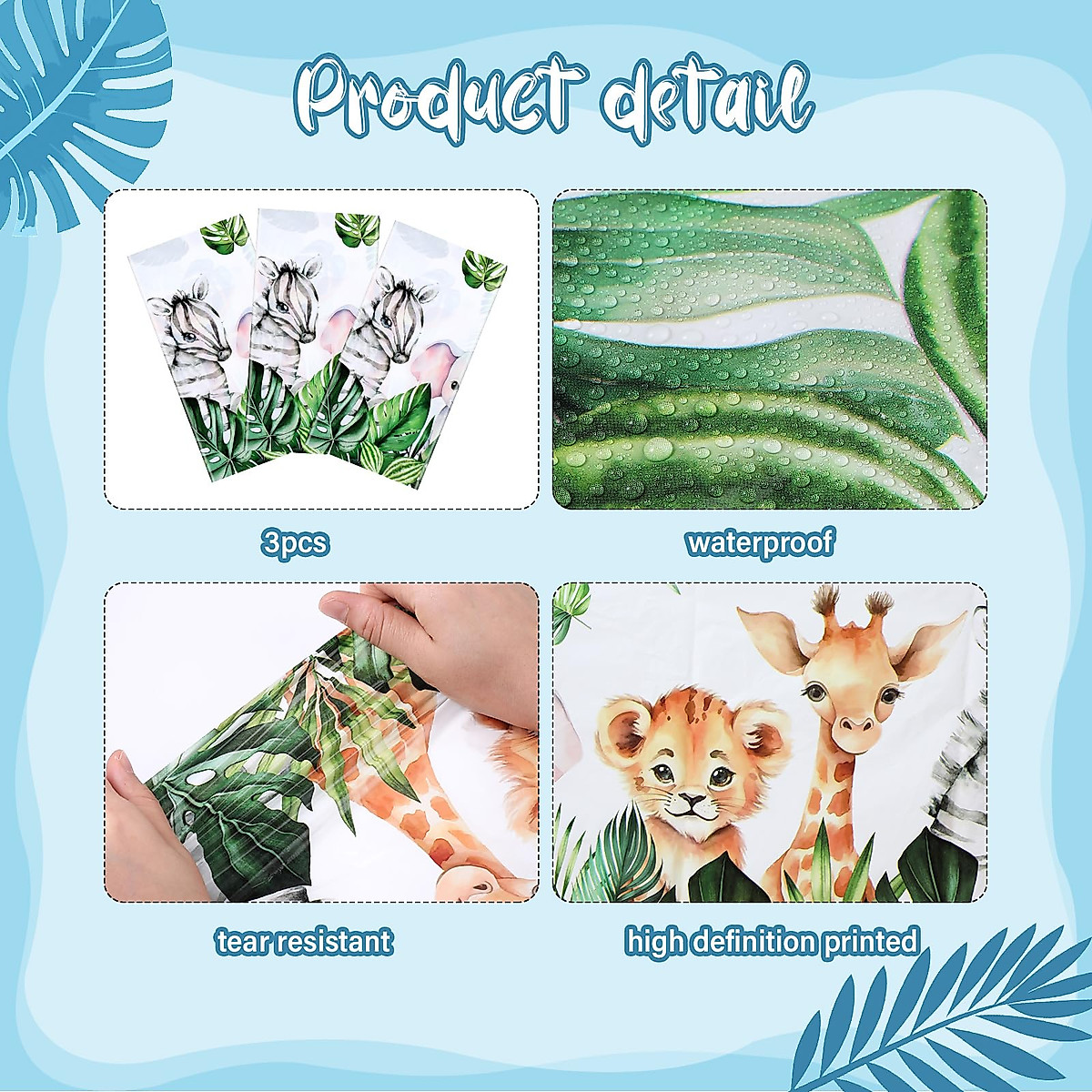 Irenare 3 Pieces Jungle Safari Tablecloths Wild Animals Plastic Table Cover Hawaiian Luau Table Cloths for Tropical Baby Shower Zoo Birthday Party Supplies, 54 x 108 Inch