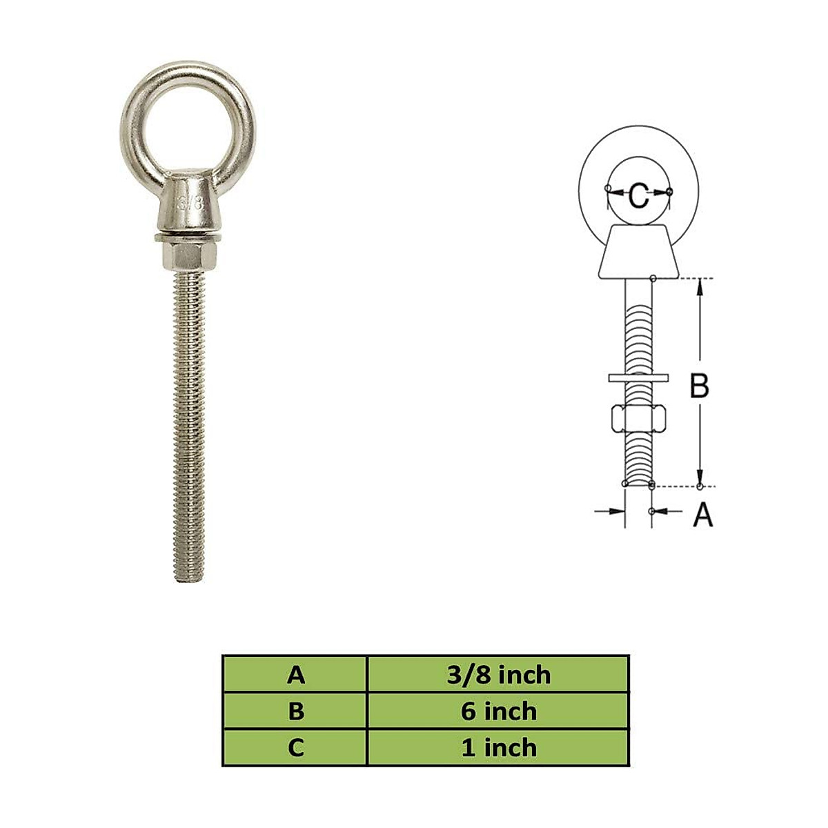 3/8 Inch x 6 Inch Stainless Steel Marine Shoulder Eye Bolt Capacity 1,000 Pounds