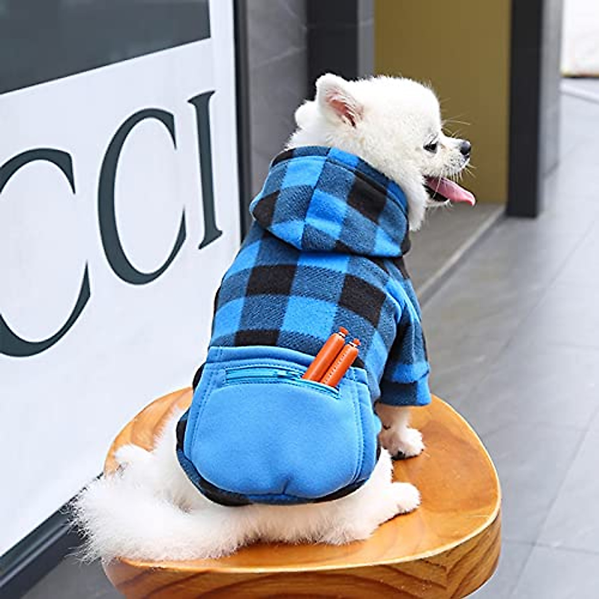 Small Puppy Sweater Boy Pet Autumn and Winter Zipper Fleece Pocket Sweatshirt Lattice Tops Pet Cats and Dogs Hoodies Cute Warm Pet Clothes