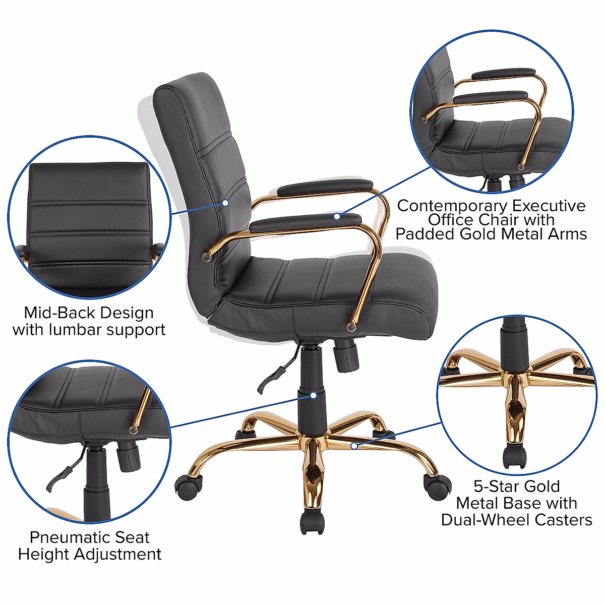 EMMA + OLIVER Mid-Back Black LeatherSoft Executive Swivel Office Chair with Gold Frame/Arms