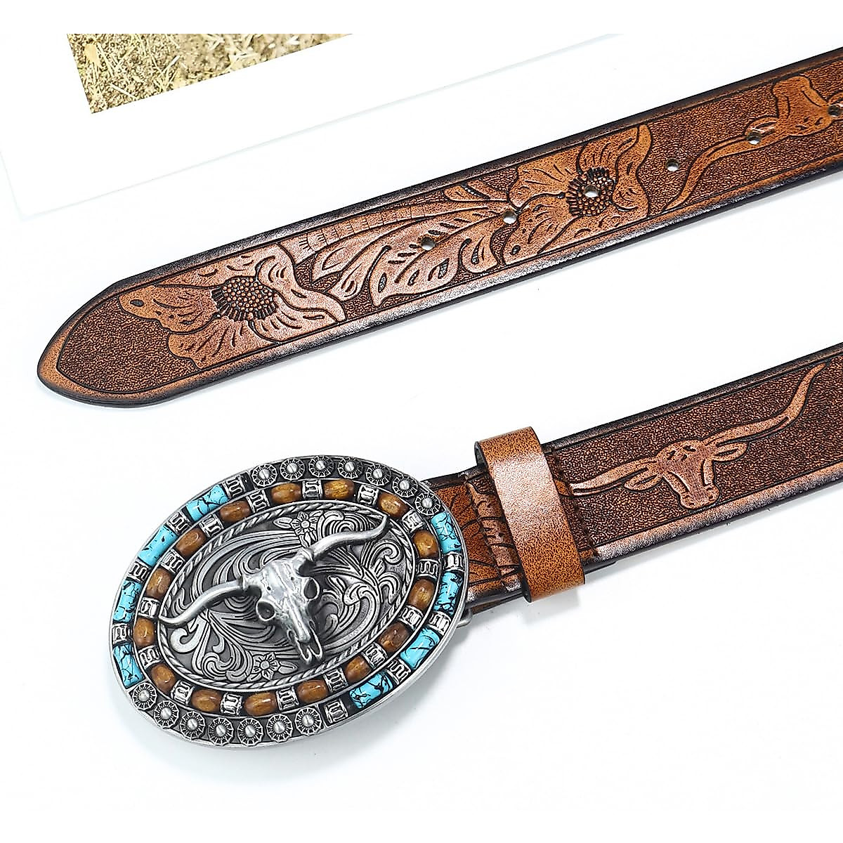 FGSS Western-Cowboy-Leather-Belts for Women Turquoise-Oval-Buckle Embossed Cowgirl Belt for Jeans Pants