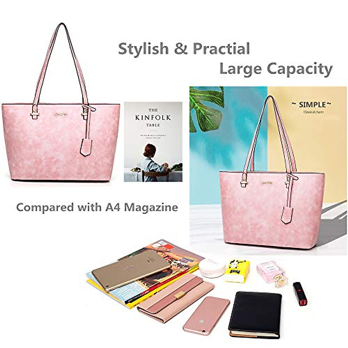 Handbag Set for Women 5 Pack Tote Purse Handbags Set PU Leather Satchel Shoulder Crossbody Wallet Card Holder Bag Set, Pink