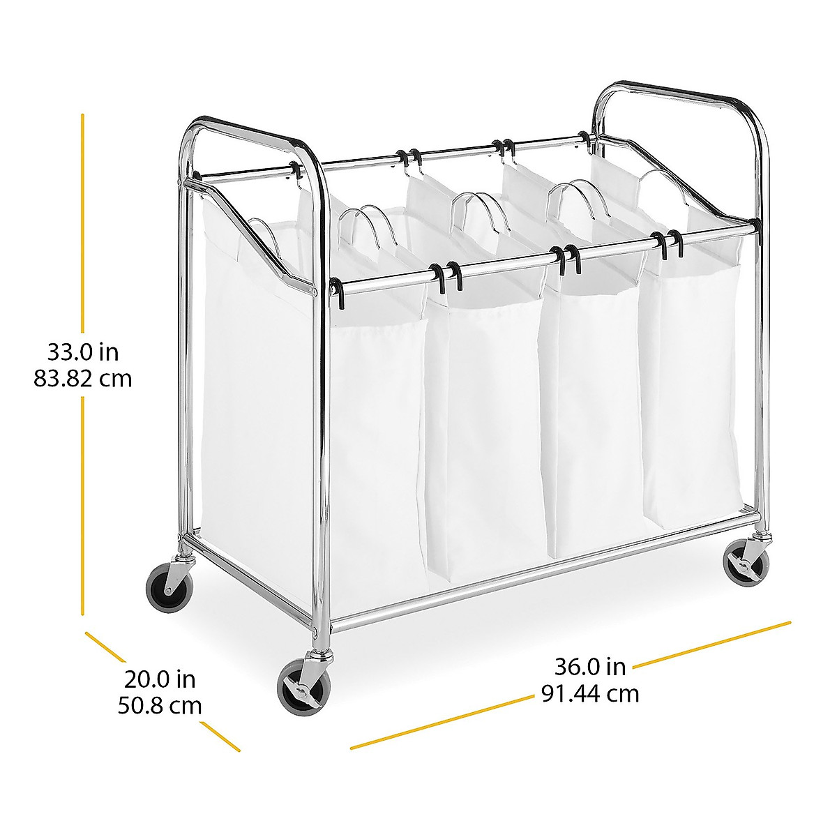 Whitmor 4 Section Rolling Laundry Sorter - 4 Removable Heavy Duty Bags - Chrome