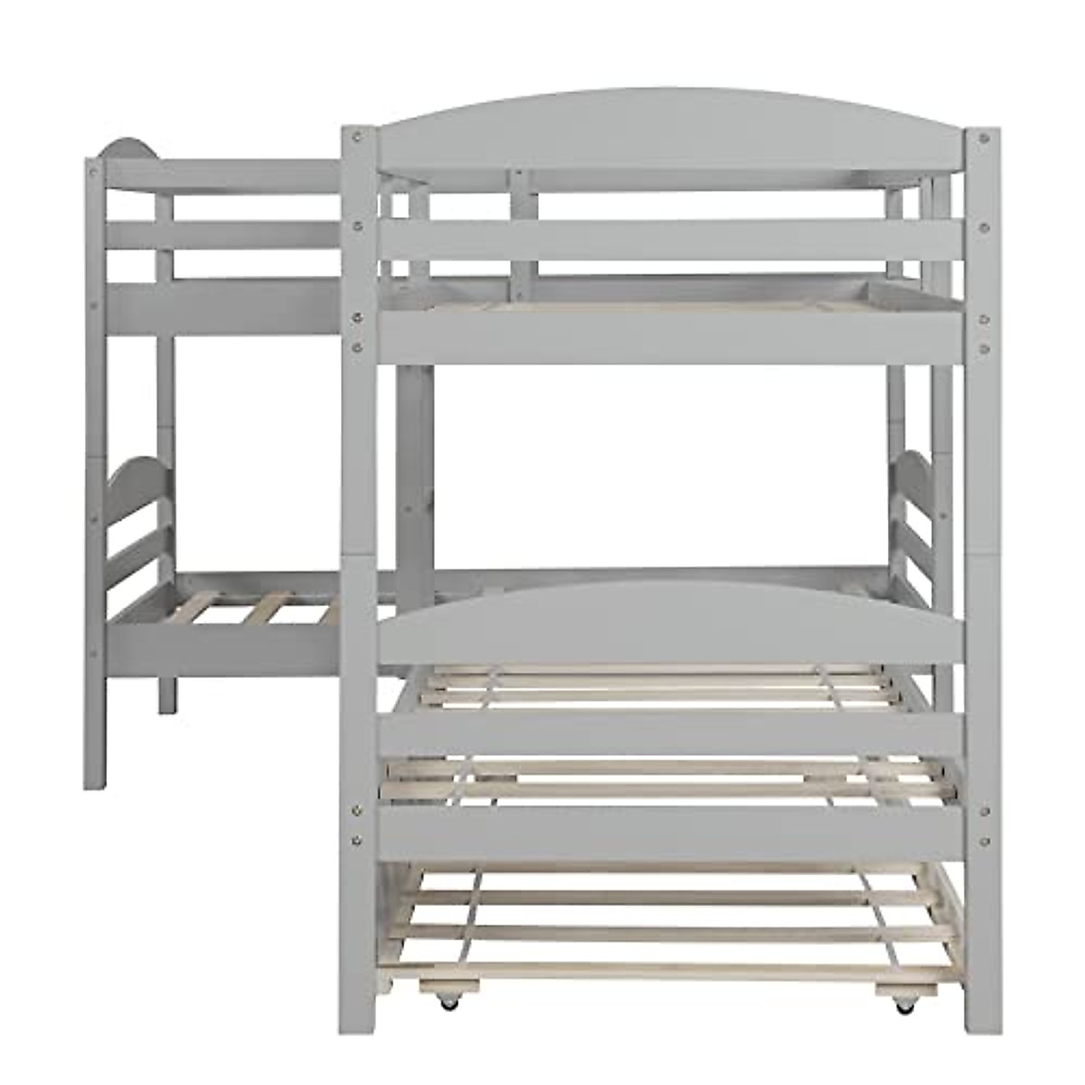 Quad Bunk Bed with Trundle L-Shape Bunk Bed Twin Over Twin Corner Bunk Bed for 4 or 5 Kids Boys Girls Teens, Gray