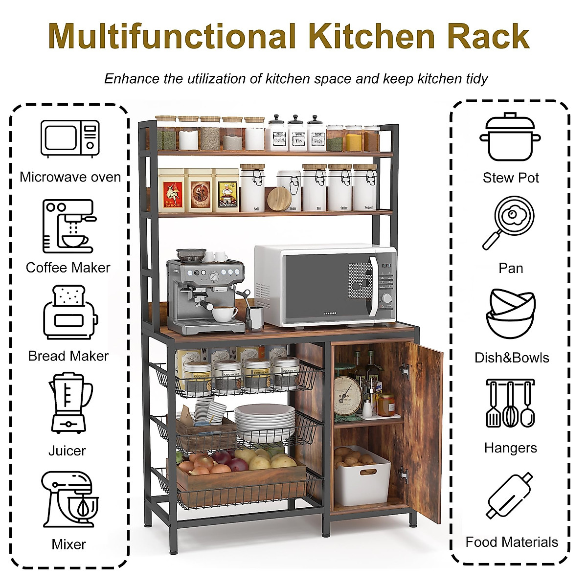 NAIYUFA Kitchen Bakers Rack with Baskets and Door,Industrial Microwave Oven Stand,Kitchen Utility Storage Shelf,Free Standing Kitchen Utility Cart Storage Shelf Organizer with Hooks