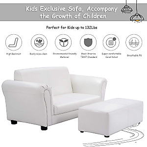 Costzon Kids Couch with Footstool, 2 in 1 Double Seat Children's Sofa w/PU Leather Surface, Armrest Chair Lounge, Soft Kids Sofa for Preschool Bedroom Kids Room Toddlers Boys Girls Birthday (White)