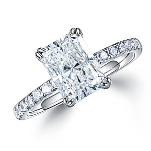 MOOSEA 2ct Moissanite Engagement Rings for Women - Radiant Cut D Color VVS1 Clarity Lab Created Fake Diamond Ring Wedding Rings for Women 14K White Gold Plated Sterling Silver Moissanite Ring Jewelry