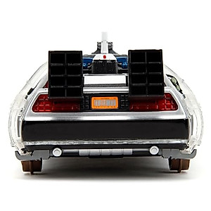Delorean Brushed Metal Time Machine (Train Wheel Version) with Lights Back to The Future Part III (1990) Movie Hollywood Rides Series 1/24 Diecast Model Car by Jada 34996