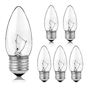 Jacqings 40W Incandescent Torpedo Tip Chandelier, Incandescent Clear Dimmable Light Bulbs and Medium E26 Candelabra Base,Transparent Candle Light Bulbs for Chandeliers, Ceiling Fan Lights (6Pack)
