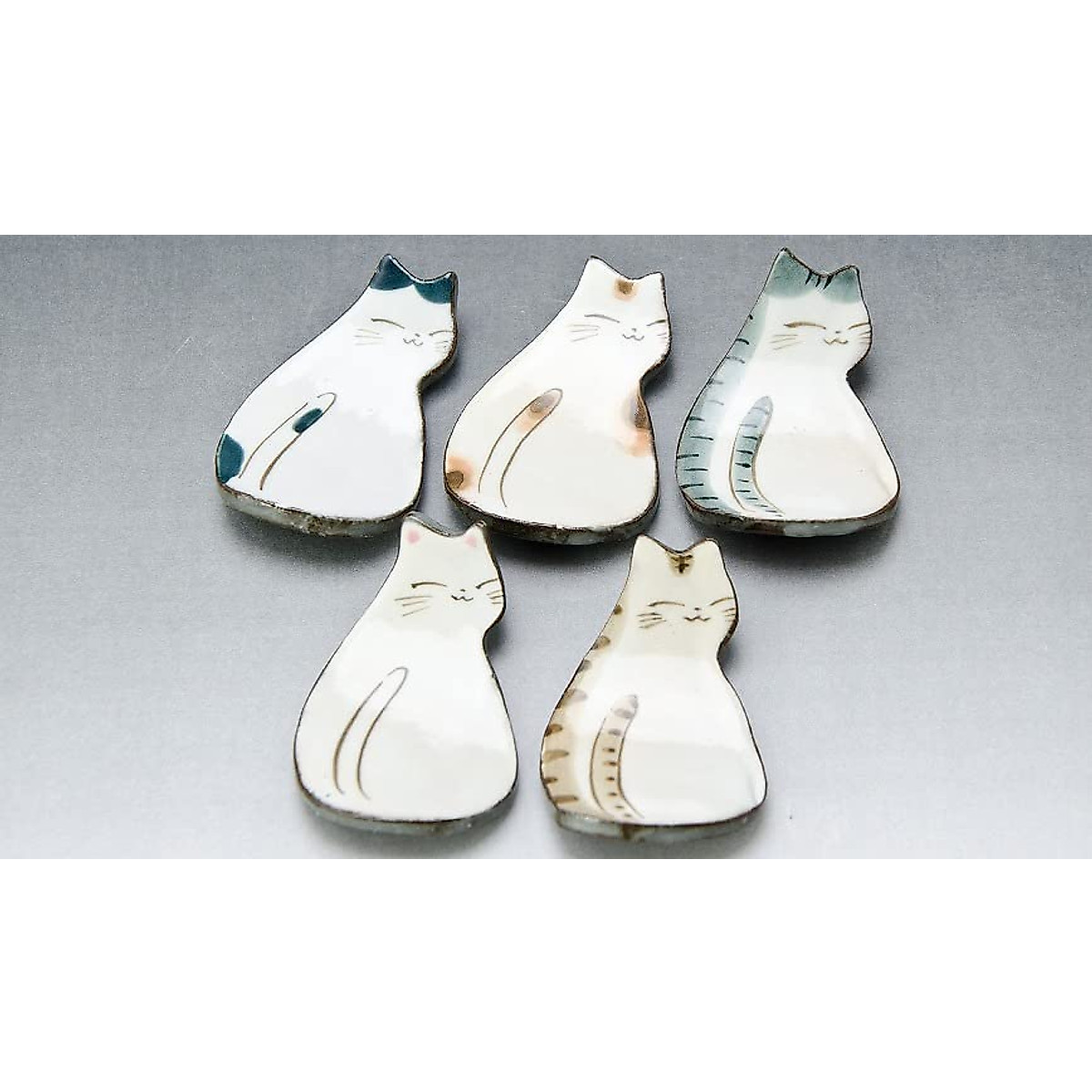 Kyo-yaki. Set of 5 Japanese chopstick spoon rest cats. Paper box. Ceramic.