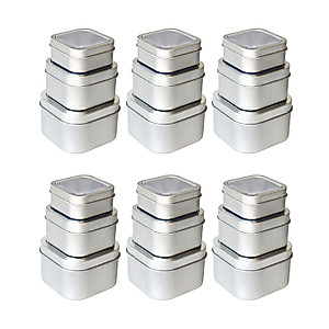 18-Pack Empty Square Silver Metal Tins with Clear Window for Candle Making, Candies, Gifts & Treasures, Mixed Sizes