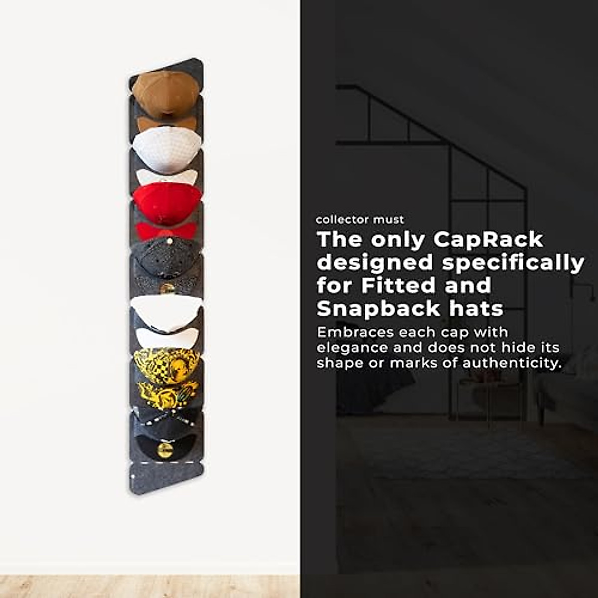 CT Design CapRack, The Original Fitted Cap Display, No Assembly Required Snapback Baseball Hat Organizer and Storage Solution, Lightweight Hat Rack for Flat Billed Caps. Dark Grey