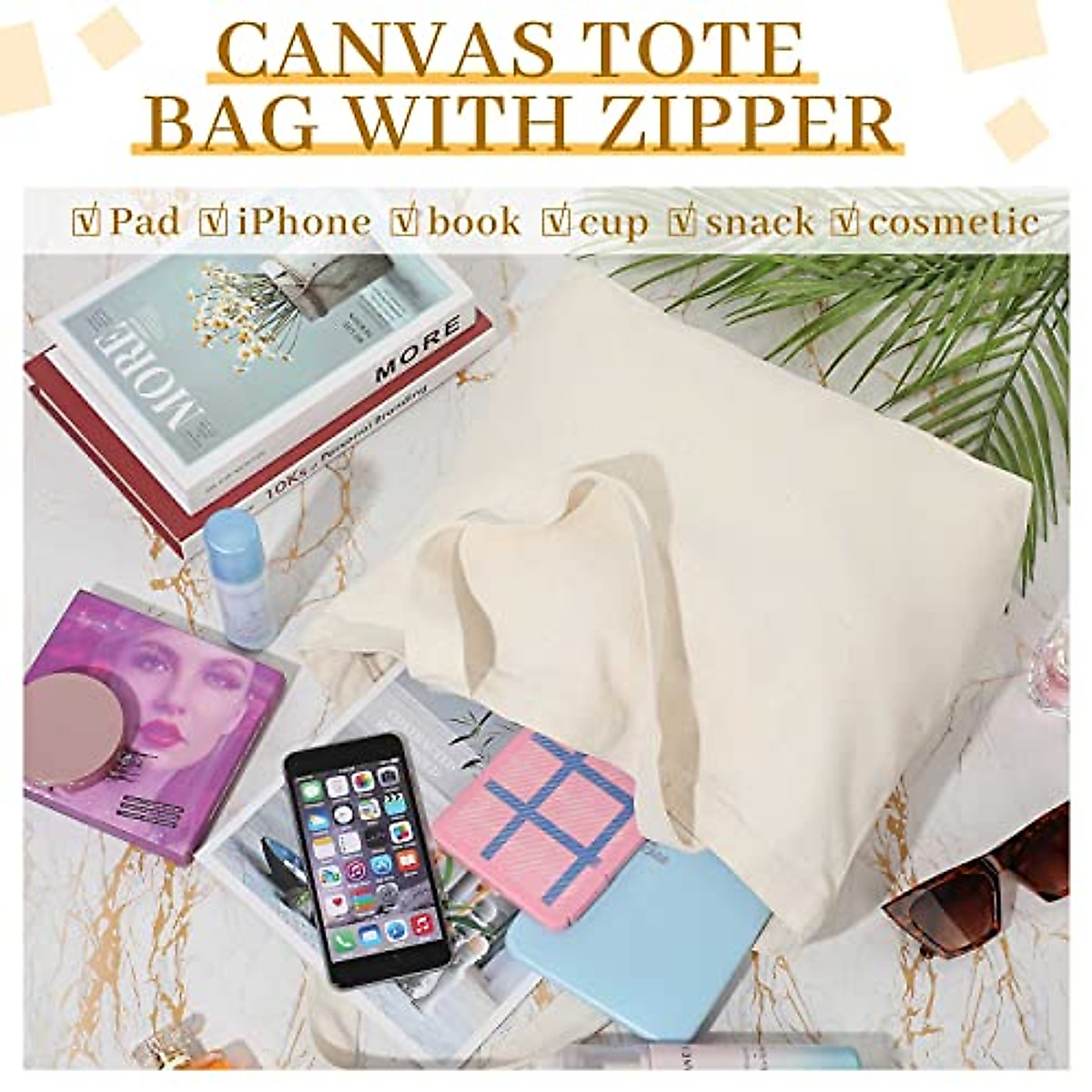 Epakh 10 Pack Natural Tote Bag with Zipper Reusable Canvas Grocery Bag Blank Cotton Tote Bags with Handles Large Plain Shopping Totes for Women Men DIY Painting Crafting Multipurpose Totes Set, Beige