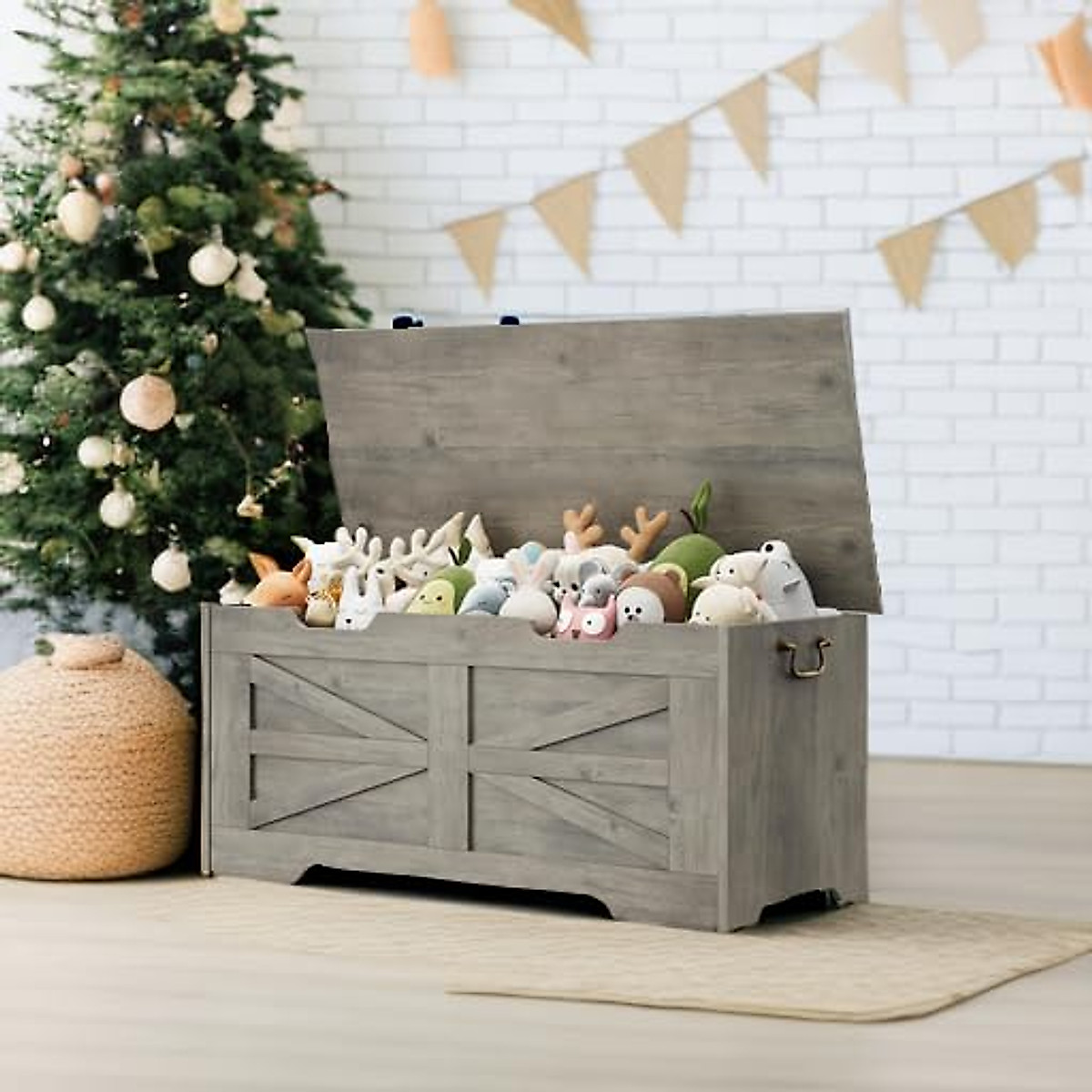 IDEALHOUSE Storage Chest, 39.4" Toy Chest for Boys Girls, Kids Wood Large Toy Box, Storage Bench with Safety Hinge, Farmhouse Storage Trunk for Entryway, Living Room, Bedroom, Playroom, Greige