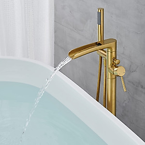Qinkell Freestanding Tub Faucet Waterfall Bathtub Filler Brushed Gold Floor Mount Brass Bathroom Faucets with Hand Shower
