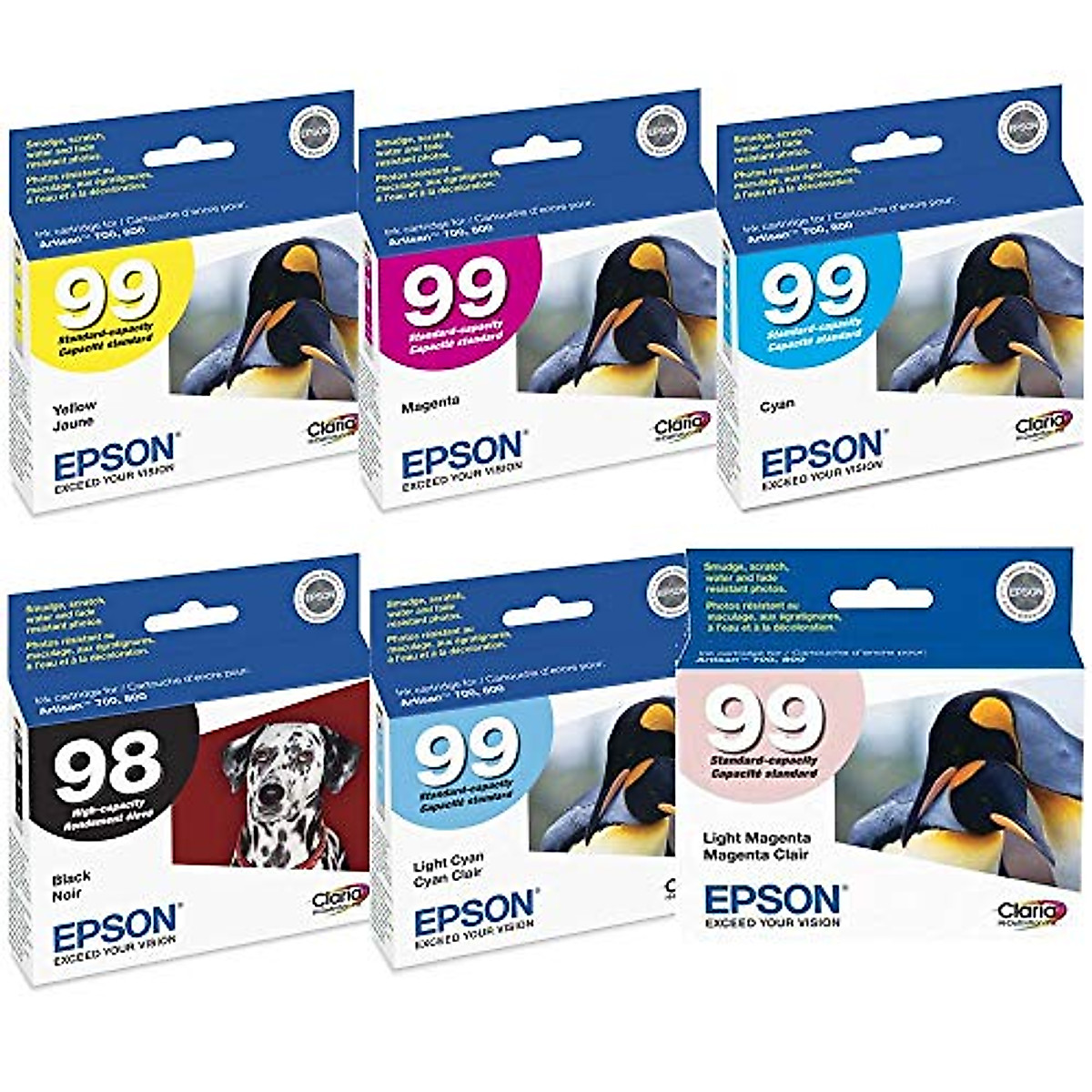 Epson 725 ink Color Multipack Ink Inkjet Genuine Cartridges 98/99 with Black, Cyan, Magenta, Yellow, Light Cyan, and Light Magenta for the Epson Artisan 725 Printer Includes: T098120, T099220 T099320, T099420, T099520, T099620