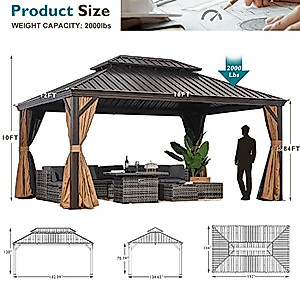Binplax Outdoor Hardtop Gazebo Polycarbonate Double Roof Canopy Curtains Aluminum Frame with Netting for Garden, Patio (Metal Top, 12 * 16')