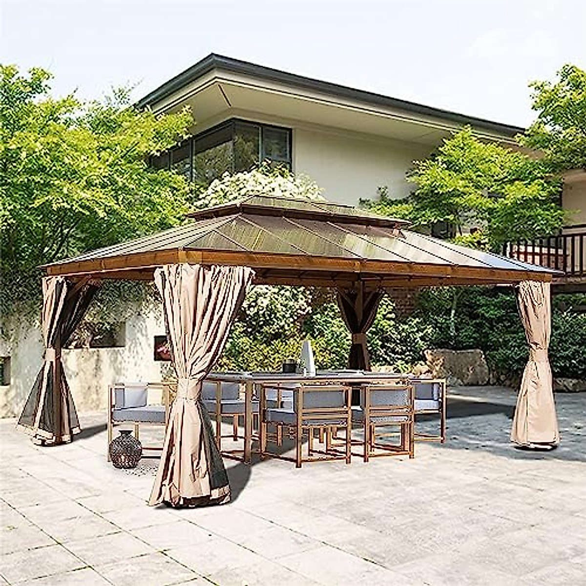 DHHU Outdoor Gazebo 12" x 16" FT Hardtop Aluminum Gazebo, Outdoor Metal Frame Canopy Gazebo with Privacy Sidewalls, All-Weather Gazebo Canopy for Patio, Garden, Backyard