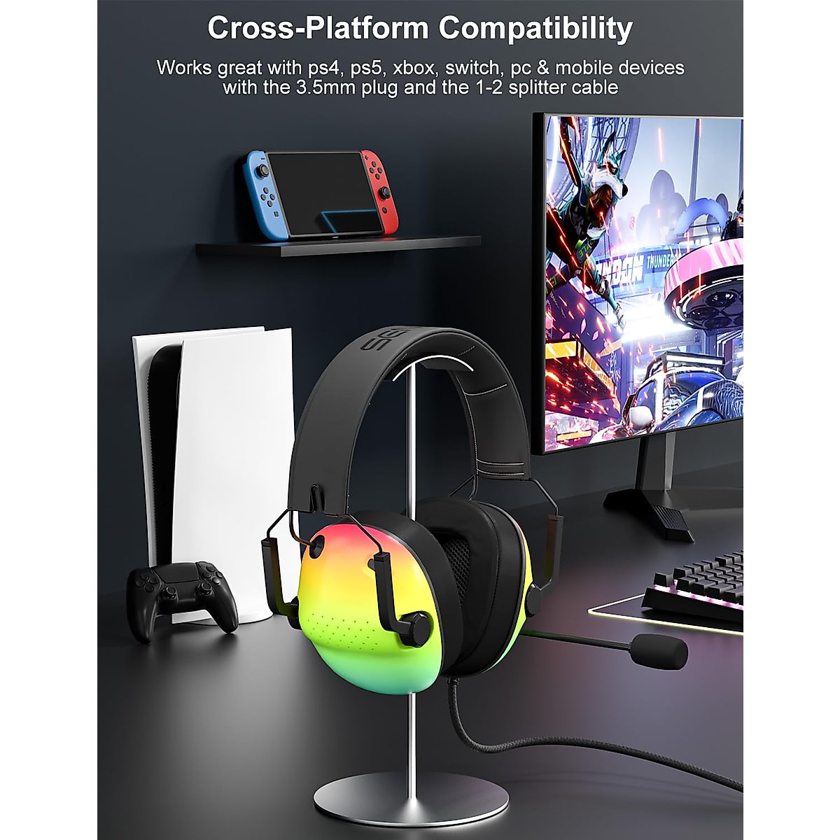 SENZER SG500 Surround Sound Pro Gaming Headset with Noise Cancelling Microphone - Soft Memory Foam Padding - Portable Foldable Headphones for PC, PS4, PS5, Xbox One, Switch - Gradient