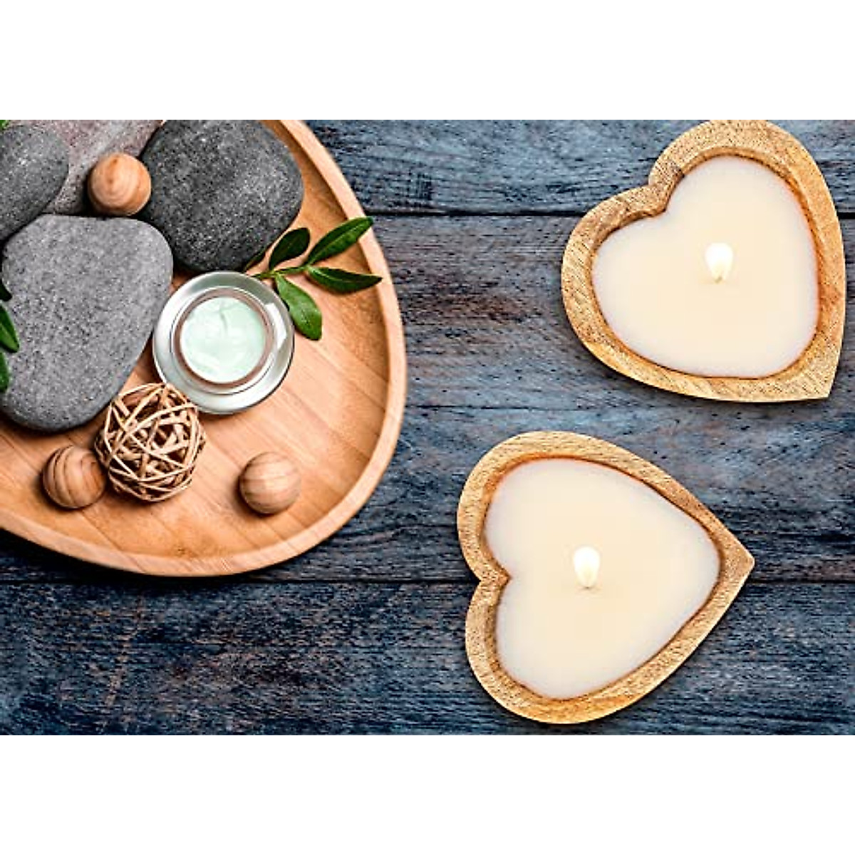 Heart Shaped Wooden Bowl Candle with Soy Wax - 3 Wicks 5 oz Decorative Dough Bowl Candles for Anniversary Engagement Wedding Birthday Valentine Christmas Gift (Vanilla Sandalwood - 6" Burnt Natural)