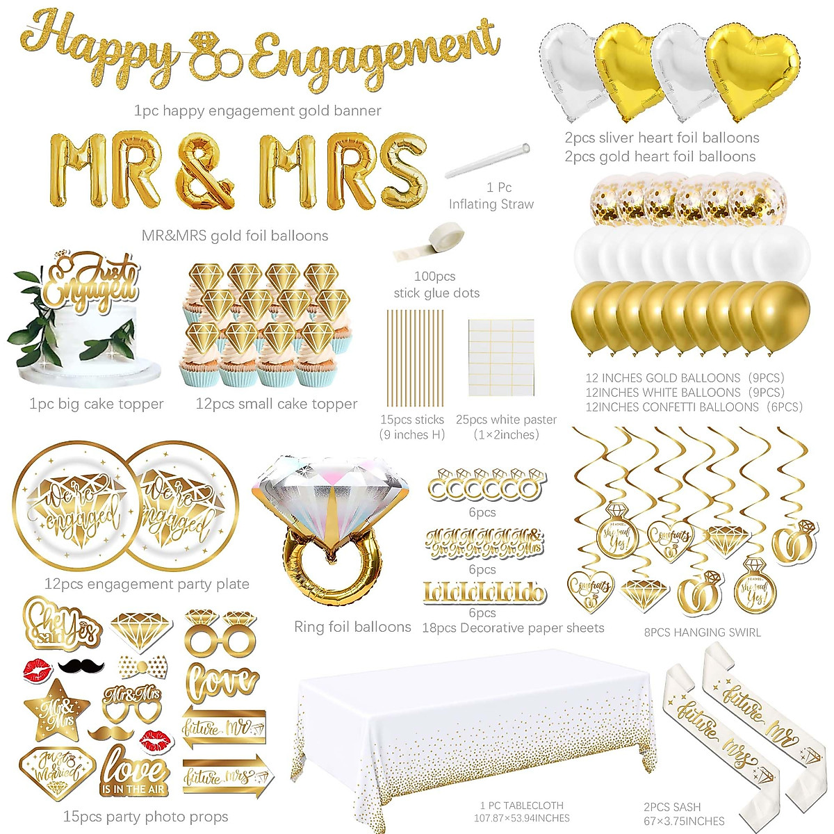 gold engagement party decorations - (Total 90pcs) Glitter happy Engaged Banner, MR and MRS Balloons, Hanging Swirl,balloons, Ring Balloons for Wedding Engagement Party Decor
