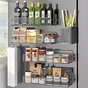DTUQYX Magnetic Spice Rack for Refrigerator, 6 Pack Metal Magnetic Shelf Grey, Moveable Spice Organizer, Strong Magnetic Storage Fridge Organizer with Paper Towel Holder, Utensils Holder