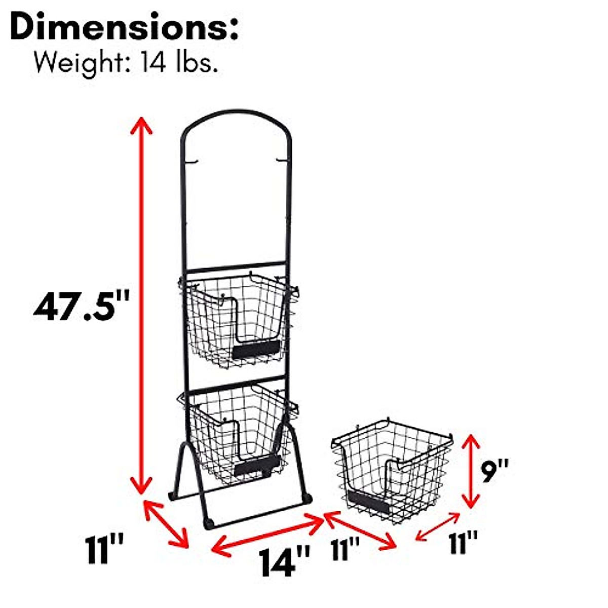 BIRDROCK HOME 3-Tier Wire Market Basket Stand with Chalk Label - Snack Fruit Vegetable Produce Metal Hanging Storage Bin for Kitchen Pantry - Free-Standing or Stacking Organizer - Black
