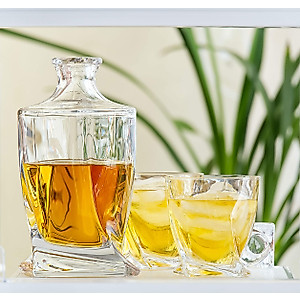 Bezrat Whiskey Glasses and Liquor Decanter set | (2) Crystal Bourbon Glasses with Matching Whiskey Decanter on beautiful wood tray | Glass Has a Sleek Square Twisted Bottom for Easy Handling