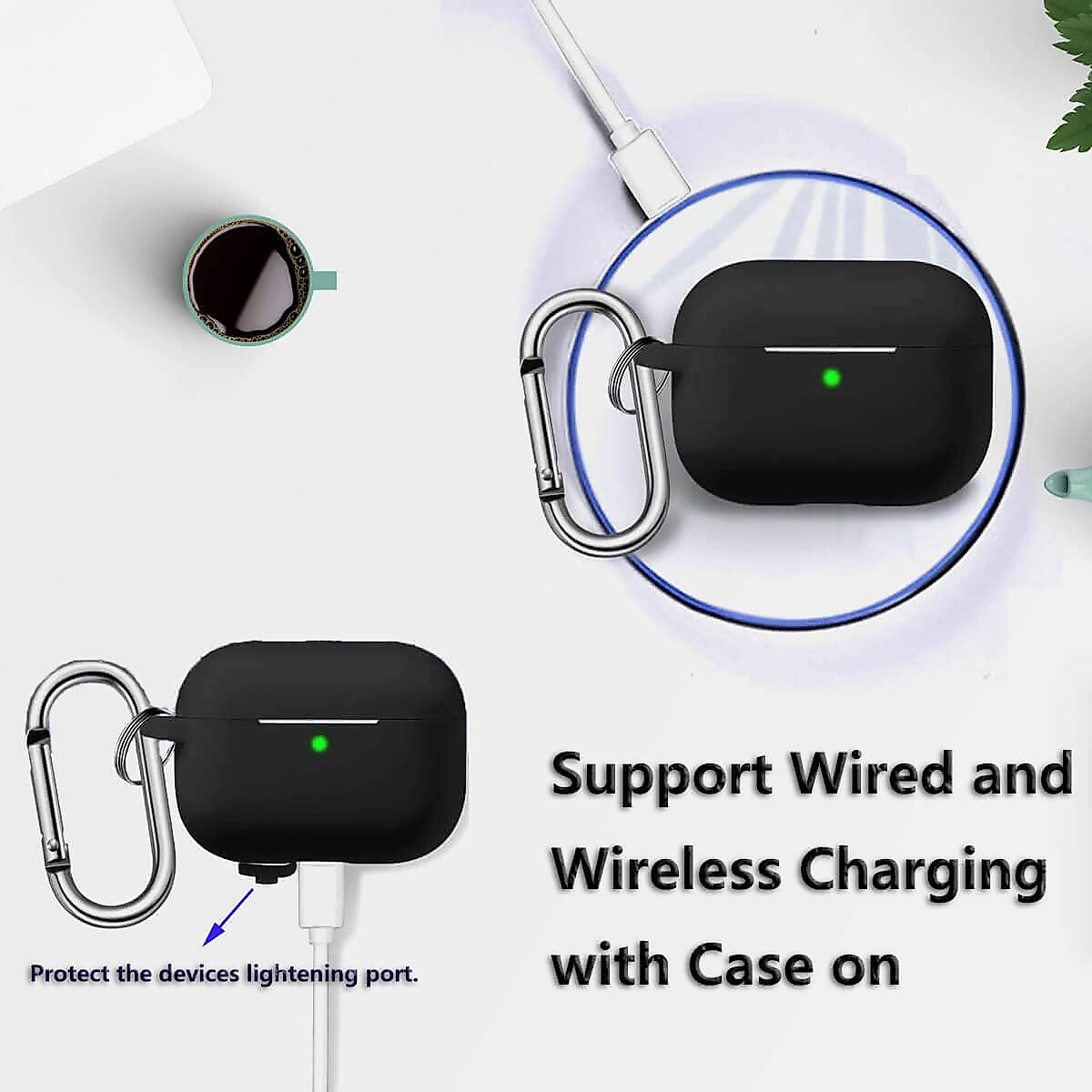 AirPods Pro Case Compatible with Apple AirPods Pro 2nd/1st Generation, Silicone Protective Cover with Keychain Front LED Visible, Black