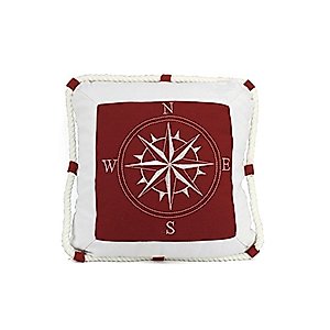 Hampton Nautical Compass with Rope Decorative Thrown Bedroom Beach House Pillow, 16", Red