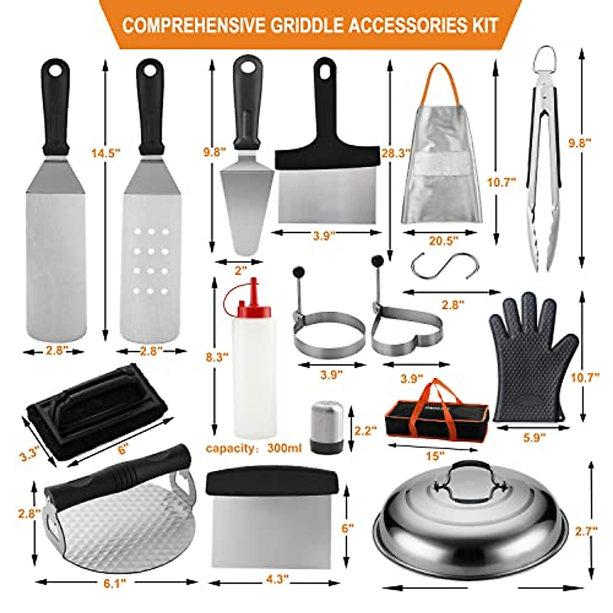 grilljoy 28-Piece Griddle Accessories Kit with Cleaning Kit for Teppanyaki Camping Cooking - Complete Griddle Tools Set in Carrying Storage Bag - Basting Cover, Smash Burger Press, Grill Spatulas