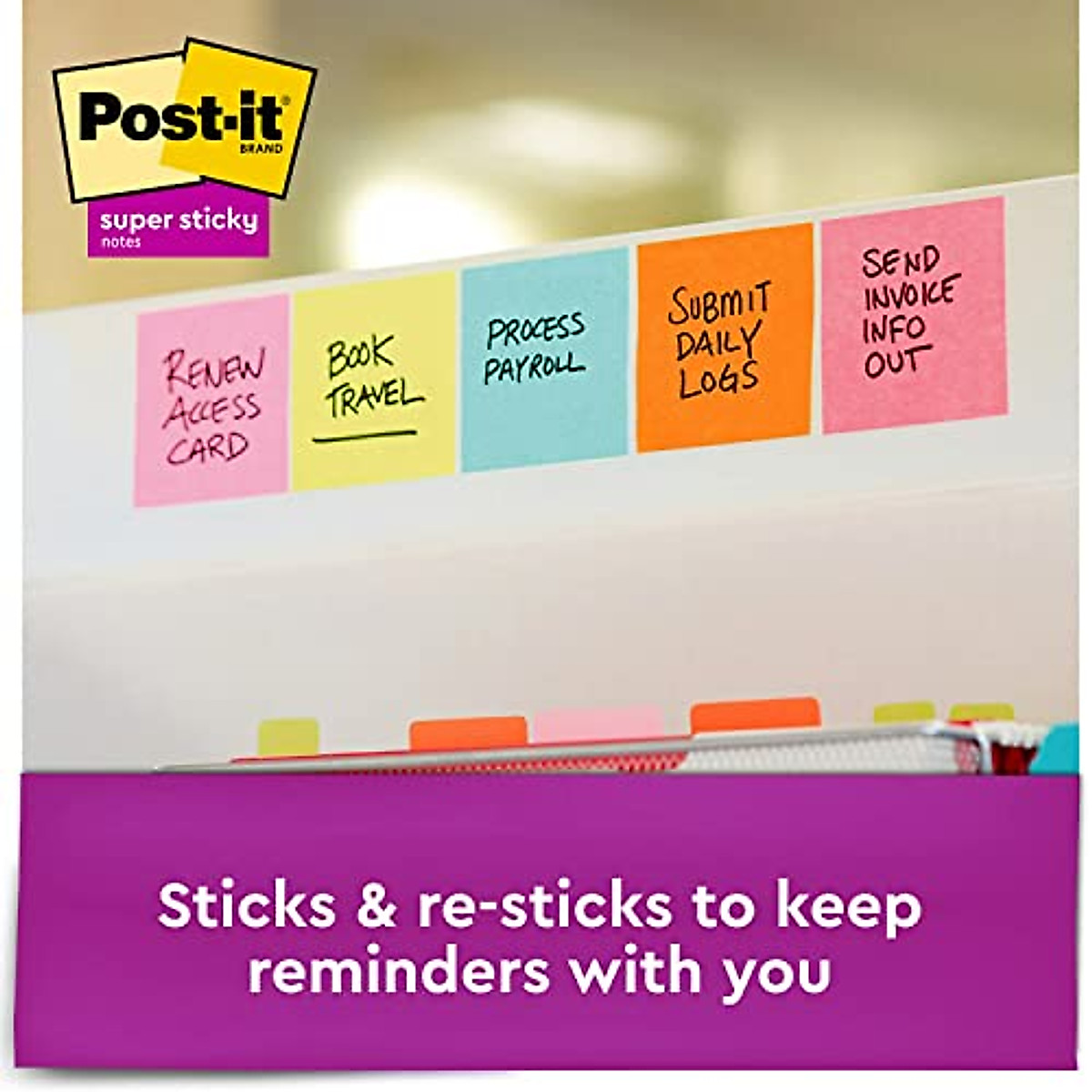Post-it Super Sticky Notes, 3x3 in, 4 Pads, 2x the Sticking Power, Supernova Neons, Neon Colors, Recyclable(3321-SSAN-B)