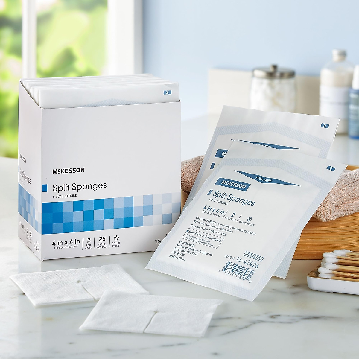 McKesson Split Sponges, 6-Ply Sterile, I.V. and Tracheostomy Dressings, Polyester / Rayon Blend, 4 in x 4 in, 2 per Pack, 300 Packs, 600 Total