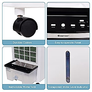 COSTWAY Evaporative Cooler, Portable Cooling Fan with Remote Control, 3-Mode, 3-Speed and 7.5H Timer Function, Water Tank and Casters, Bladeless Air Cooler for Home Office (White)