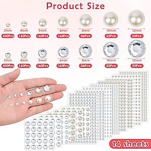 2032 Pieces Self Adhesive Hair Gems and Hair Pearls, Face Pearls and Jewels Stickers for Makeup, Crafts, Home Decor Scrapbooking Embellishments, 7 Sizes 3mm/4mm/5mm/6mm/8mm/10mm/12mm