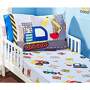 Everyday Kids Toddler Fitted Sheet and Pillowcase Set -Under Construction- Soft Breathable Microfiber Toddler Sheet Set