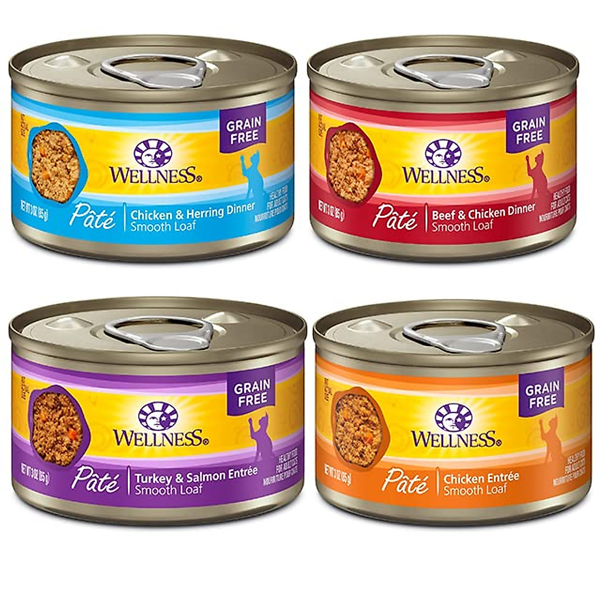 Wellness Natural Premium Canned Cat Wet Food Pate - 12 Pack Cans Variety Bundle Pack 4 Flavor - (Chicken,Beef, Salmon & Turkey) W/ HS Pet Food Bowl - (3 Ounce)