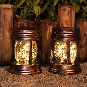 Solar Lantern Vintage Decorative Solar Hanging Lantern Outdoor Lamp Waterproof Led Warm Light Bronze Lampshade Copper Landscape Lighting for Garden Yard Gate Front Door Festival Decor 2Pcs