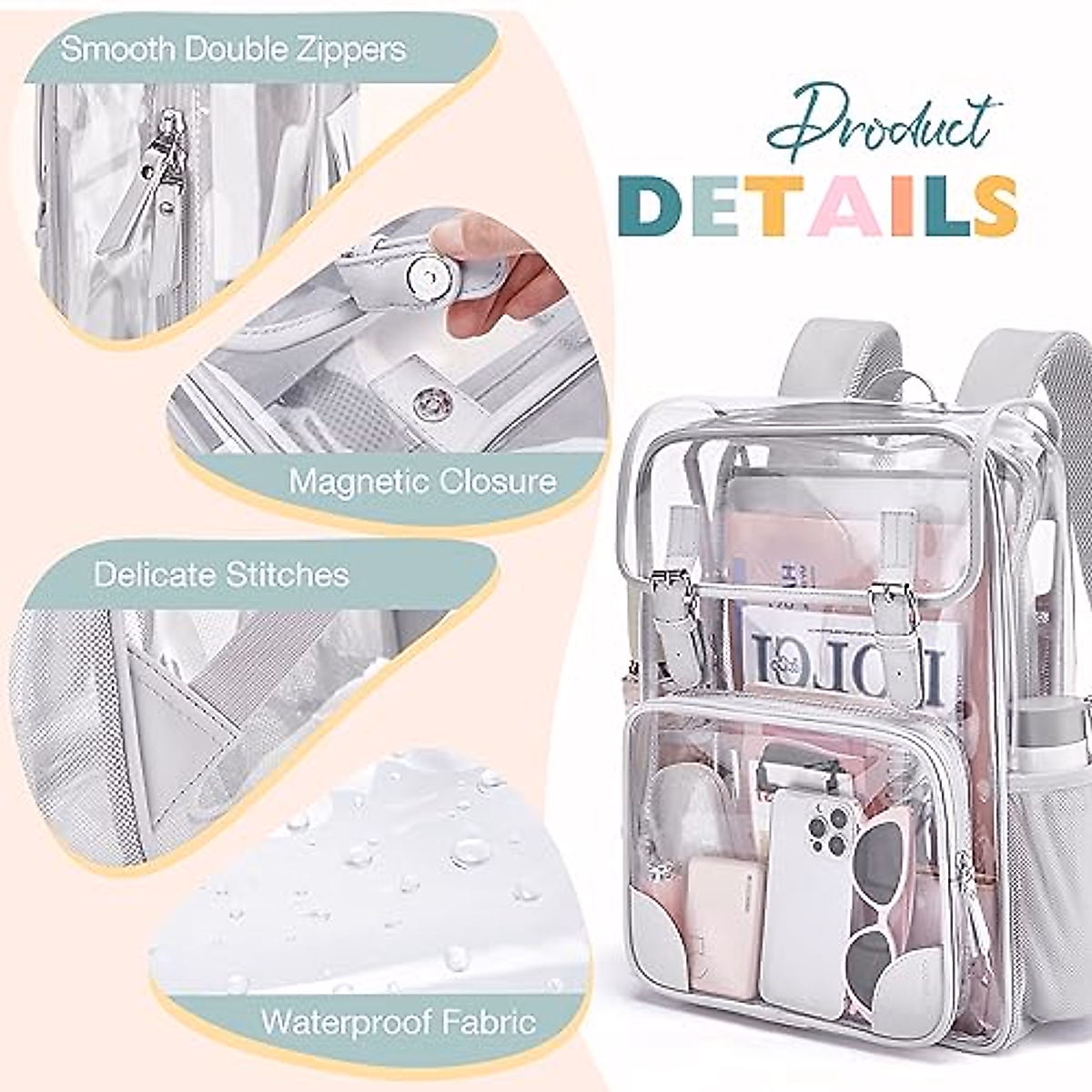 mommore Clear Backpack Heavy Duty Thick PVC Transparent Backpack with Leather Trim Large Capacity See Through Backpack for Work, Stadium