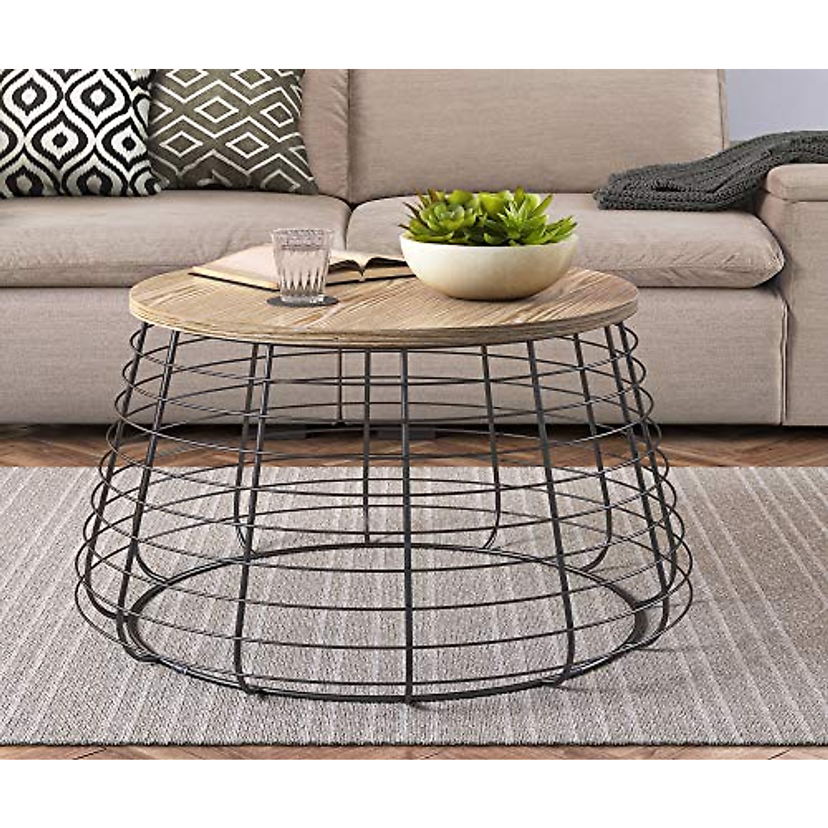 ClickDecor Lydia Matte Black Wireframe Coffee Table, Modern Farmhouse Round Living Room Accent Furniture Distressed Wood Finish Tabletop, Fully Assembled, Brown 23.6D x 23.6W x 19.7H in