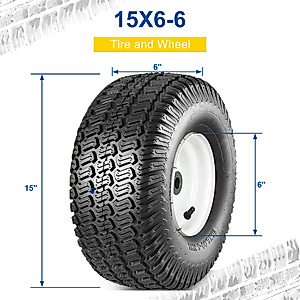 15x6.00-6 Lawn Mower Tires, Riding Lawn Mower Tires 15x6.00-6, 4 Ply Tubeless Lawn Tractor Tires, 3" Offset Hub Long with 3/4" Bushings, Pack of 2