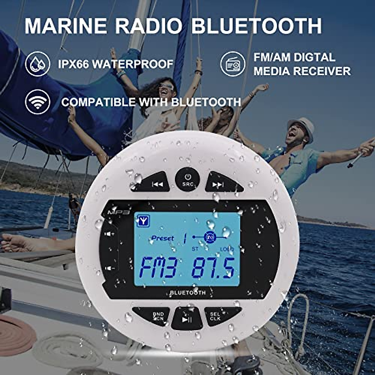 Herdio Marine Radio and Speakers Set Compatable with Bluetooth, Marine Gauge Head Unit+6.5 Inch Marine Flush Wall Mount Ceiling Speakers+Rubber Flexible Mast FM AM Antenna White
