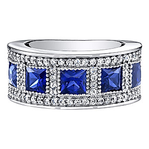 PEORA Sterling Silver Princess Cut Created Sapphire Anniversary Ring Band Wide Width 2 Carats Size 7