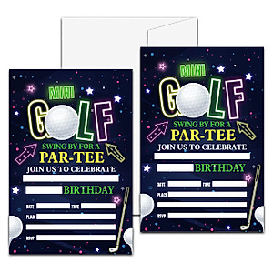 Golf Birthday Party Invitation, Mini Golf Themed Fill-In Invites, 20 Invitations With Envelopes for Friends (4" X 6"), Neon Glow Party Favors Decorations and Supplies -47