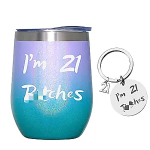 KFK 21st Birthday Gifts for Her,Funny 21 Year Old Birthday Gifts, 21st Birthday Wine Tumbler with Keychain, 21st Birthday Decorations for Women, Sister, Friends-(Glitter Peacock)