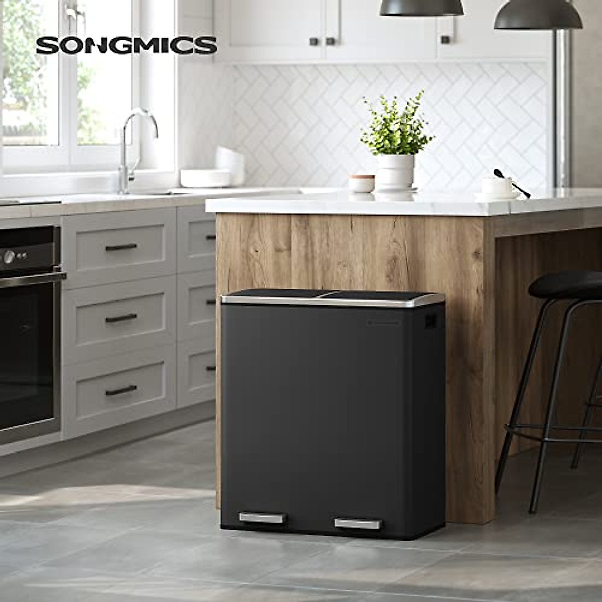SONGMICS Dual Trash Can, 16 Gal (60L) Rubbish Bin and 15 Trash Bags, Metal Step Bin, with Dual Compartments, Plastic Inner Buckets and Hinged Lids, Airtight, Black ULTB60BK