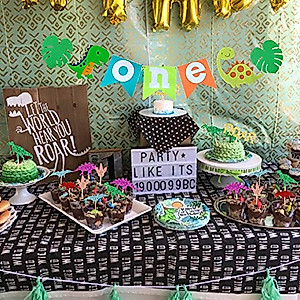 LaVenty Set of 2 Dinosaur First Birthday Banner Dinosaur One Cake Topper Dinosaur 1st Birthday High Chair Banner Dinosaur Birthday Party Decoration