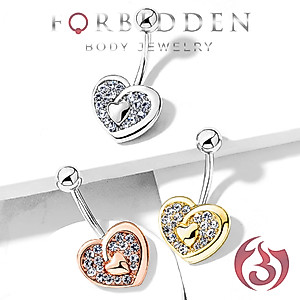Forbidden Body Jewelry Surgical Steel Fancy Pave CZ Double Heart Belly Button Ring, Gold Tone