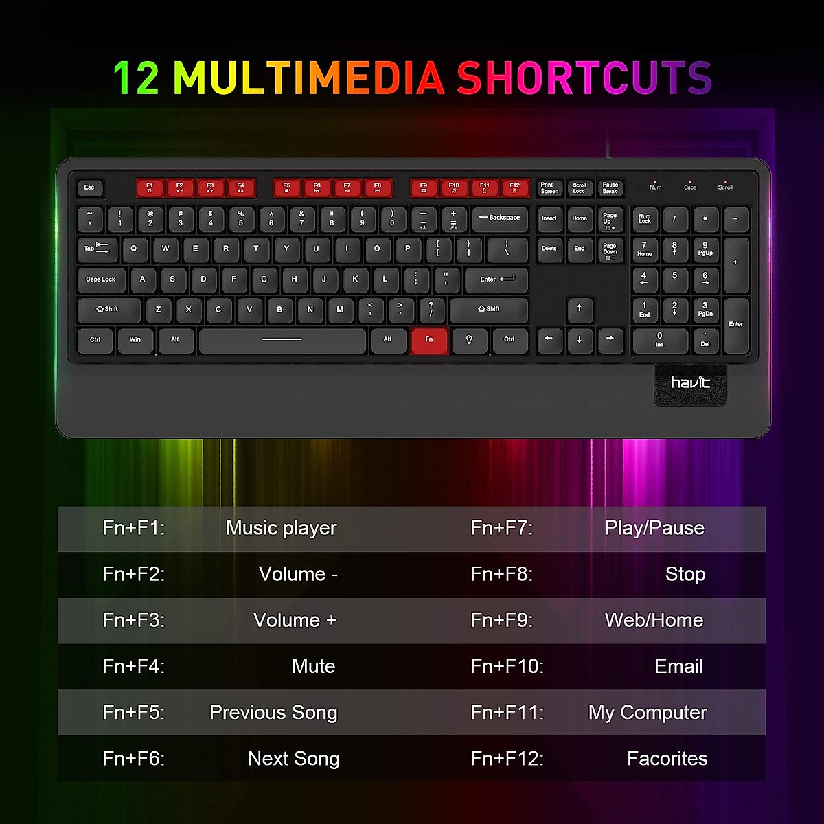 havit Wired LED Keyboard, Rainbow Backlit Computer Keyboard Ergonomic LED Gaming Keyboards Wrist Rest 104 Keys for Office PC Desktop Laptop Game Black