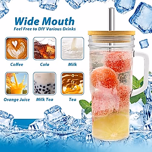 HMJIA Glass Cup with Lids and Straws 24oz/700ml Mason Jar Drinking Glass with Handle Straw Brush Cup Brush for Water Iced Tea or Coffee (2)